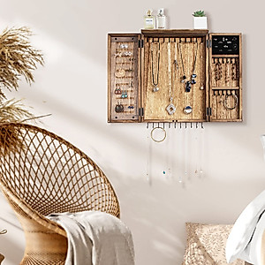 J JACKCUBE DESIGN Rustic Wall Mounted Jewelry Organizer, Wood Hanging Jewelry Holder Cabinet with Acrylic Mirror for Necklaces Earrings Bracelets Rings Wooden Barndoor Decor - MK606A
