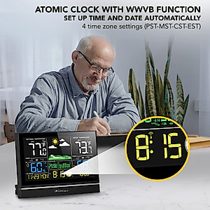 Wittime 2076B Weather Station with Atomic Clock Wireless Indoor Outdoor Thermometer Temperature and Humidity Monitor Inside Outside Barometer with Temp Sensor