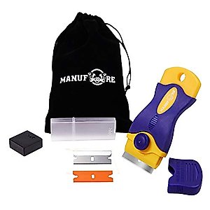 MANUFORE Portable Multi-Purpose Razor Blade Scraper for Cleaning Glass, Stove-top, Window, Floor(1 Scraper, 6 Plastic Blades, 6 Carbon Steel Blades)