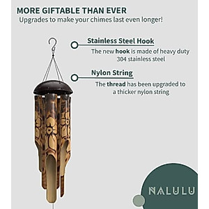 Nalulu Rustic Bamboo Wind Chimes - Outside Outdoor Wooden Windchimes, Medium, Floral Burned Design with Coconut Crown, Handcrafted with Calming Deep Tones, Home Decor Ideal Gift for Him & Her