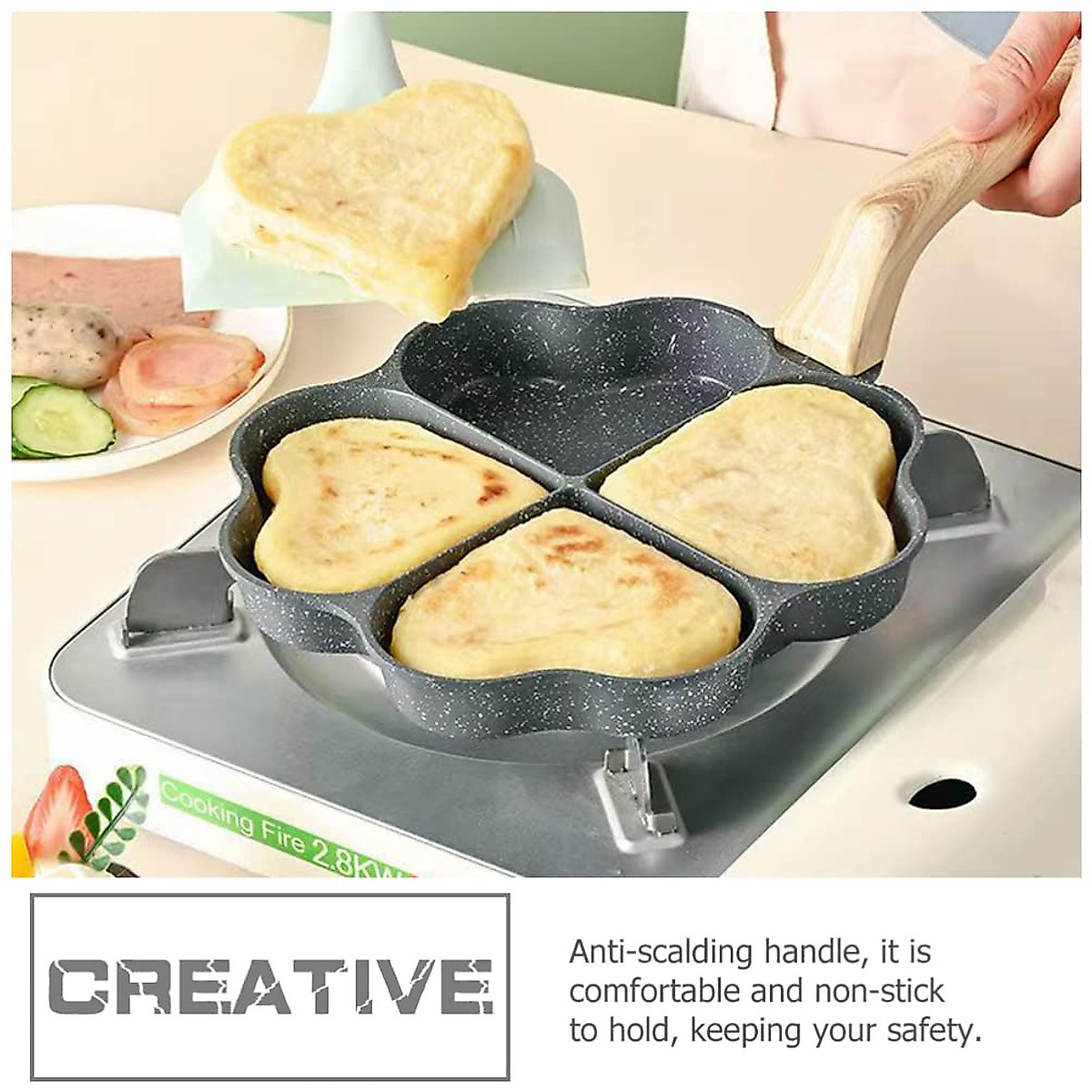 Hemoton Egg Frying Pan Heart Shape Aluminum Omelet Pan Fried Egg Pan Skillet with Wooden Handle Pancake Pan Non Stick Egg Cooker Pan for Breakfast, Pancake, Hamburger, Sandwiches