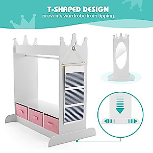 Kids Armoire Dress-Up Storage w/Mirror and Drawers,Dress up Closet,Costume Dress up Wardrobe,Pretend Storage Closet for Kids w/Side Pocket Top Shelf Shoes Storage for Bedroom Girls Room, White
