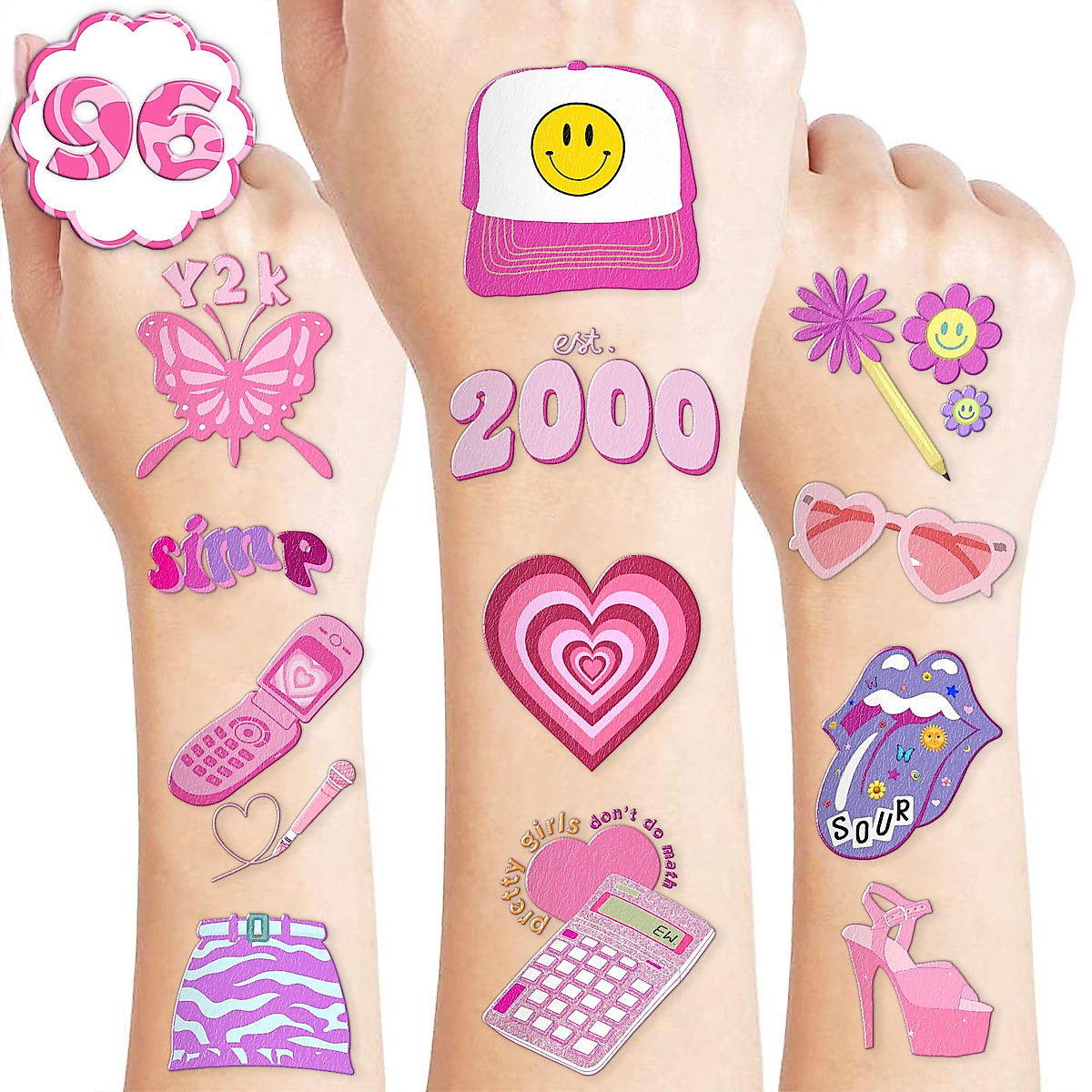 Y2K 2000 Temporary Tattoos for Teen Girls | 96PCS Birthday Party Decorations Supplies Party Favors 00s Pink Cute Gifts Classroom School Prizes Themed Christmas Tattoos Sticker