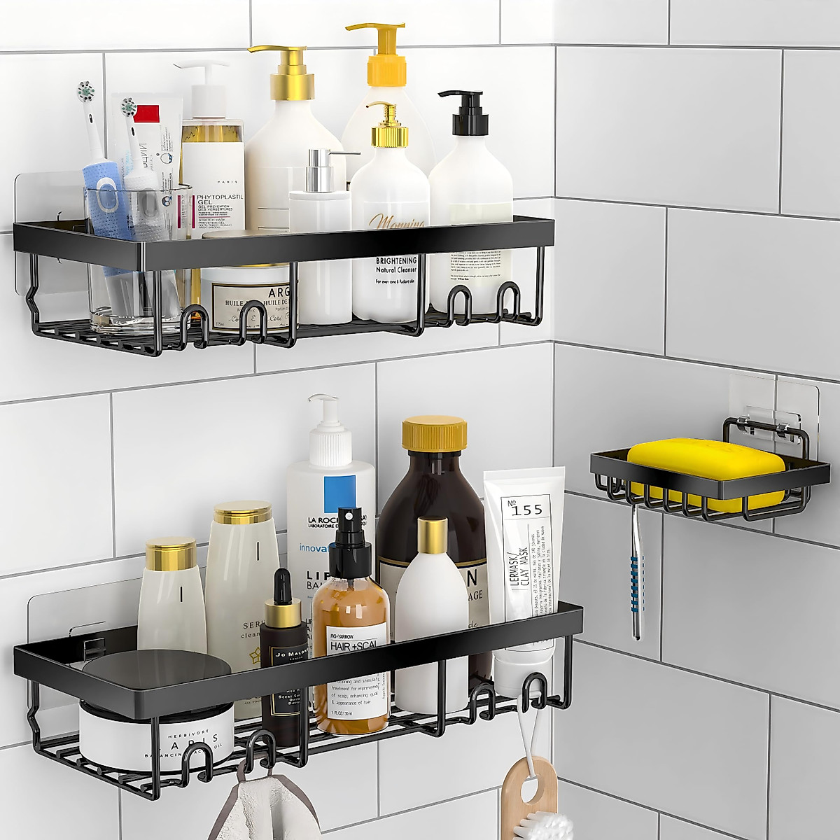 Moforoco 3-Pack Shower Caddy Basket Shelf with Soap Holder, No Drilling Traceless Adhesive Shower Wall Shelves, Rustproof Black Bathroom Shower Storage Organizer…