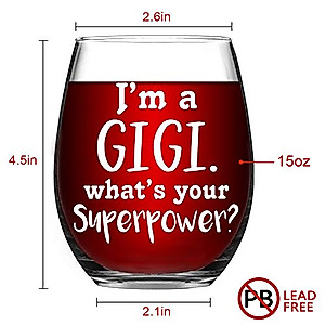 I'm A Gigi What's Your Superpower Wine Glass, Stemless Wine Glass 15Oz for Grandma, New Grandma, Grandma to be - Unique Idea for Birthday, Christmas, Mother's Day