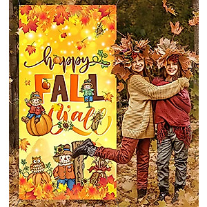 Fall Porch Decorations-Scarecrow Happy Fall Door Cover Thanksgiving Maple Leaves Pumpkin Banner Photo Background for Autumn Decor