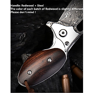 KUNSON Small Folding Knife Pocket Knife Redwood Handle VG10 Damascus Steel Sharp Blade - Pocket Knife for Men - Best Partner for Camping Hunting Fishing - EDC and Outdoor Gear