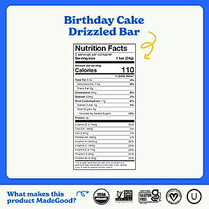 MadeGood Chocolate Drizzled Granola Bars, Birthday Cake (30 Count) Bulk Gluten Free Snacks