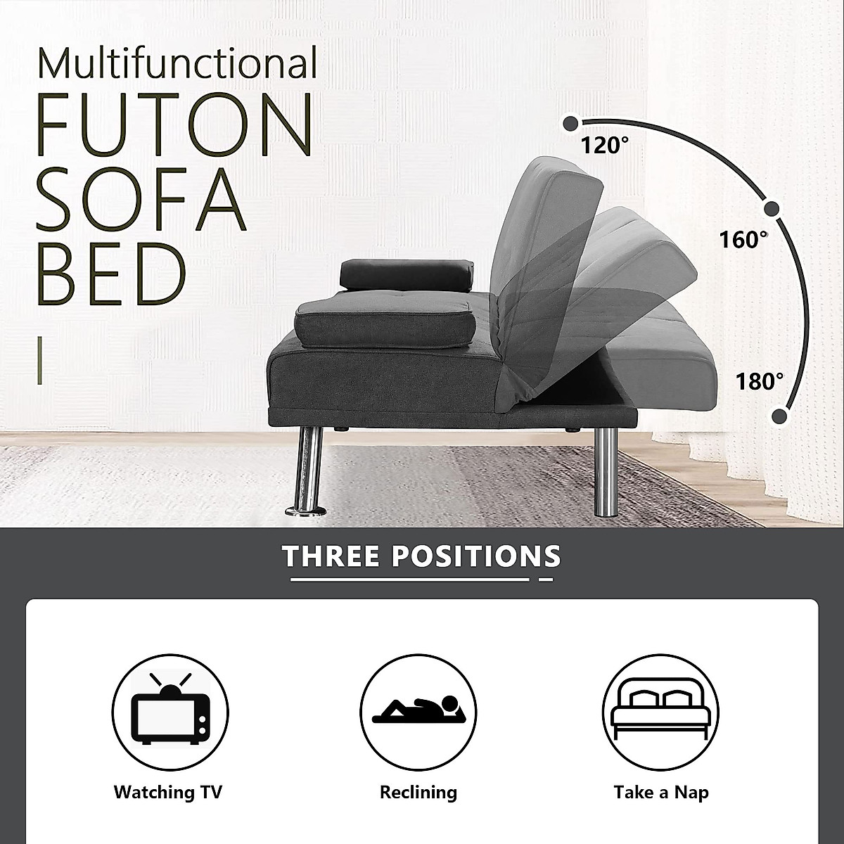 DKLGG Convertible Futon Sofa Bed, Upholstered Sofa Couch, Recliner Loveseat Folding Daybed with 2 Cup Holders and Removable Armrests Sleeper Sofa for Small Space, Home, Living Room, Dark Gray