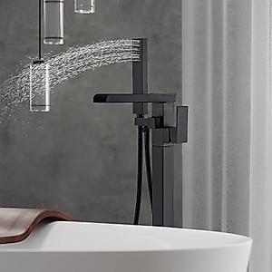 YAGATAP Freestanding Tub Faucet, Free Standing Tub Filler Matte Black, Single Handle Stand Alone Brass Bathtub Faucet with Hand Held Shower and Swivel Waterfall Mixer Spout Floor Mount