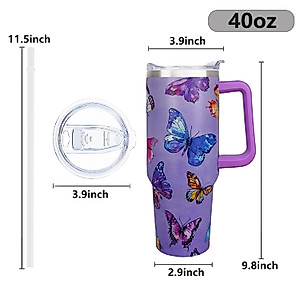 ZNYYZYBA 40 oz Tumbler with Handle and Straw, 40oz Butterfly Tumbler with Leak Proof Lid, Reusable Stainless Steel Insulated Travel Coffee Mug, Butterfly Gifts for Women