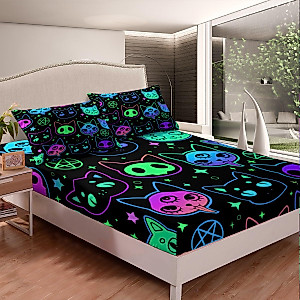 Erosebridal Halloween Theme Sheet Set Cute Neon Cat Full Sheets for Girls Boys Gradient Cat Skeleton Bed Sheets Psychedelic Galaxy Stars Fitted Sheet Kawaii Kitten Home Decor,Black