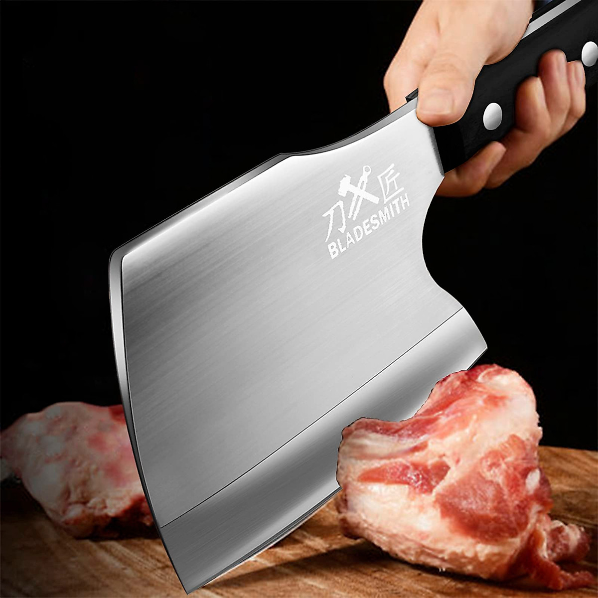 BLADESMITH Bone Knife, Super Heavy Duty Meat Cleaver for Big Bones and beef bones, Axe Blade Shape, 2lbs -7mm Thickness high Carbon Steel, Black wood Handle,2023 Gifts