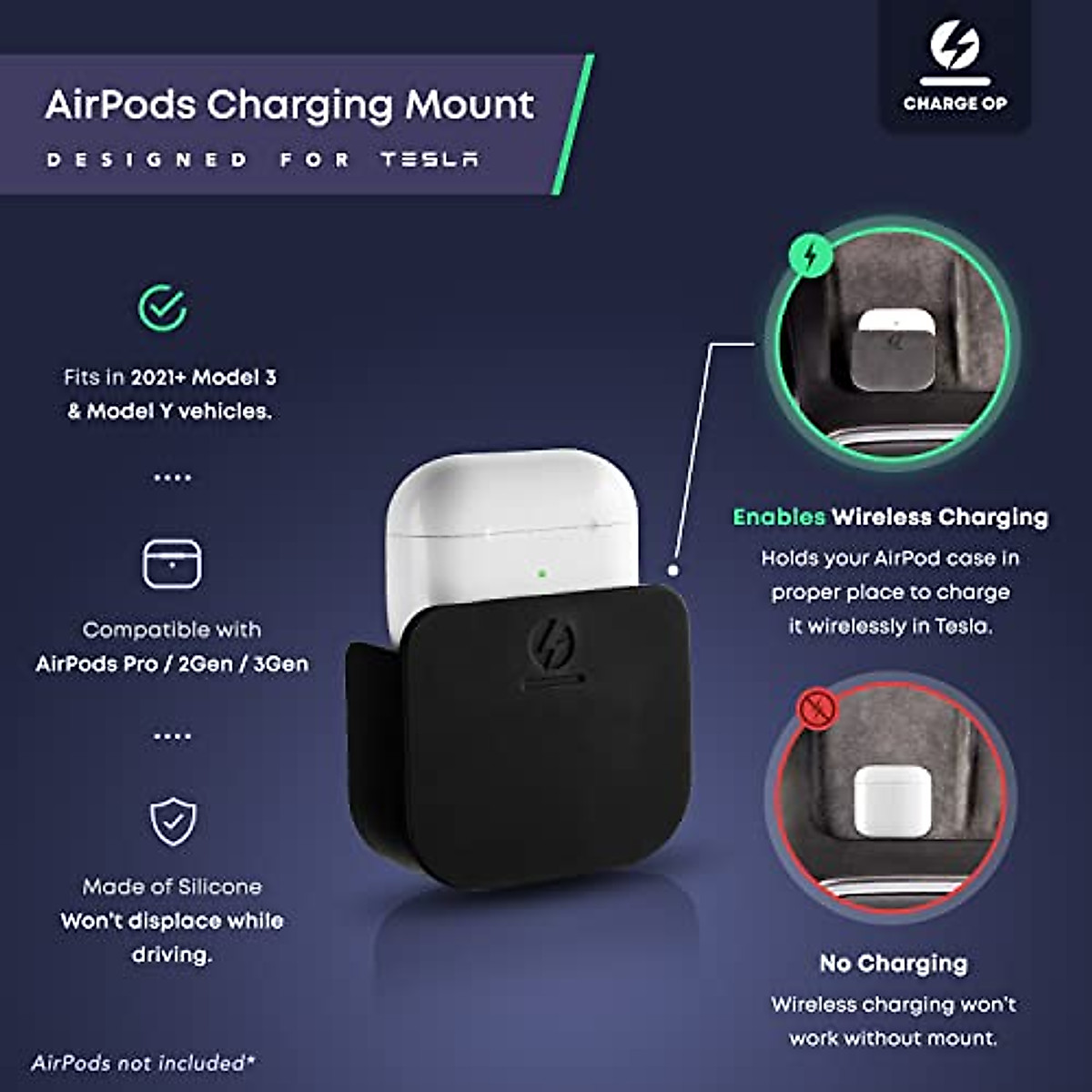 CHARGEOP Airpods Mount Designed for 2021 2022 Tesla Model 3/Y Wireless Charging Pad Car Center Council Interior Accessories, Compatible with Airpods 3rd Generation, Airpods Pro