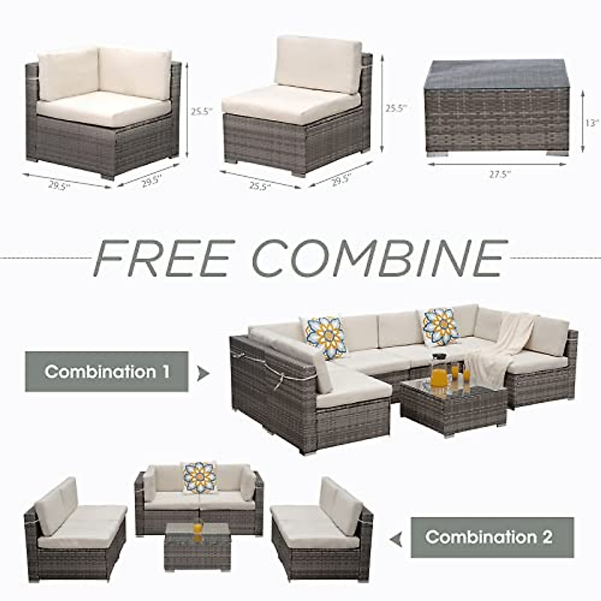SUNVIVI OUTDOOR 7 Piece Patio Sectional Grey Wicker Furniture for Backyard, Garden with String Beige Cushions, Clips, Coffee Table