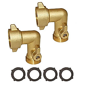 HQMPC 90 Degree Garden Hose Elbow with Shut Off Valve Hose Elbow 3/4" GHT Garden Hose Elbow Brass Garden Hose RV Adapter Water Hose 90 Degree Eelbow With 4 Pcs Washers