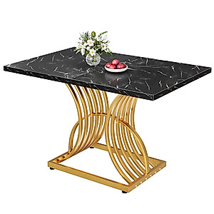DWVO Modern Dining Table for 4 People 47 Inch Rectangular Kitchen Table with Faux Marble Tabletop and Gold Geometric Legs Small Dinner Table Kitchen & Dining Room Furniture Black & Gold