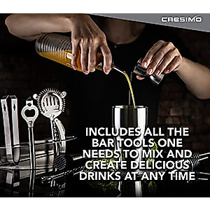 Cocktail Shaker Set with Stand- 12 Piece Stainless Steel Cocktail Set - 18oz Bar Shaker Set, Bar Tools, Perfect Cocktail Kit for Beginners or Professionals, Mixology Bartender Kit, Bar Kit - Cresimo