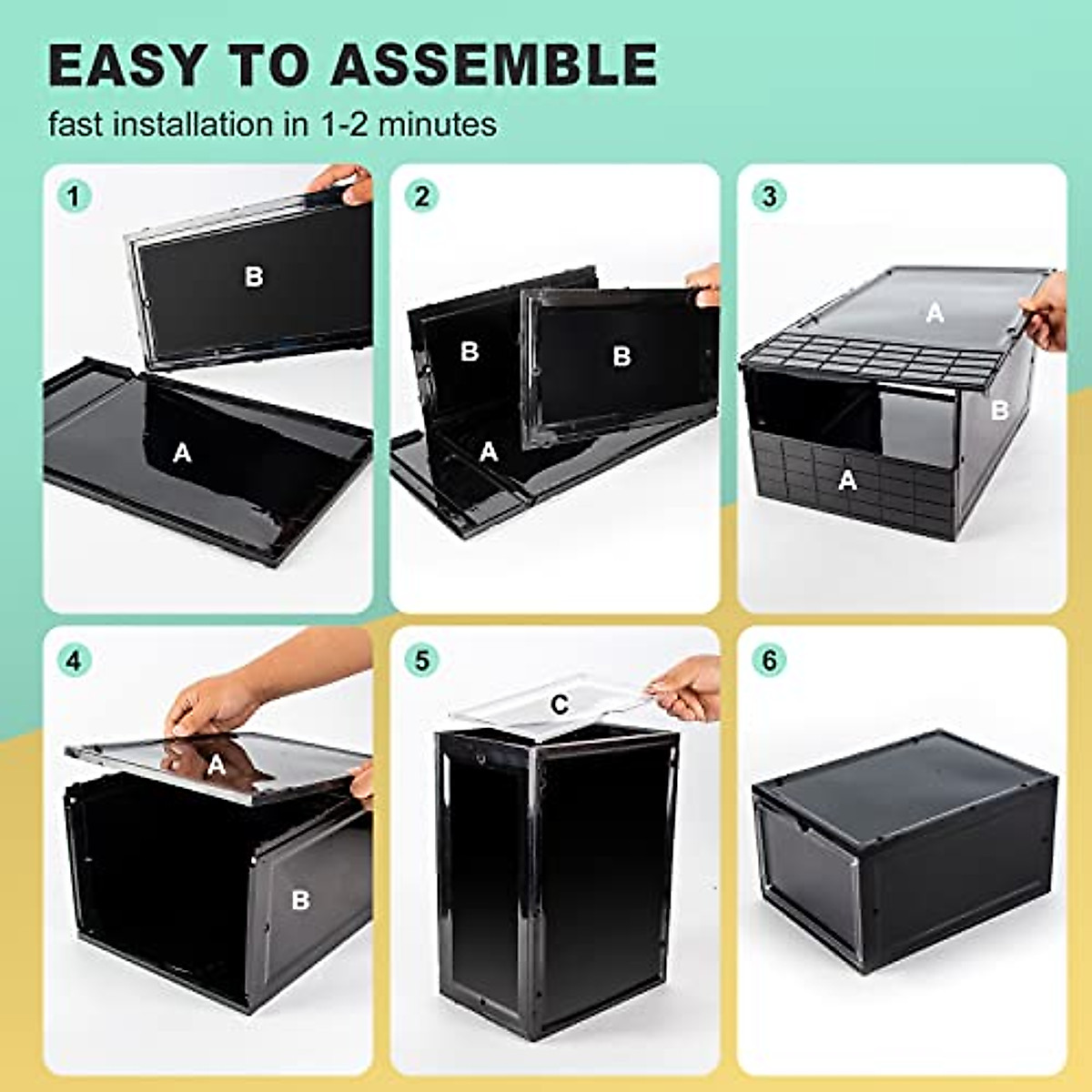 HIYOHIYO 4 Pack Drop Front Shoe Box, Shoe Boxes Stackable Sneaker Containers Magnetic Box Drop Front Shoe Organizer Shoes Cases Display Bins for Living Room Fit up to Size 12 (13.4x 9.8x 7.1) (Black)