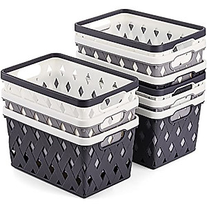 Yesland 9 Pack Plastic Storage Basket Bins, 8.5 x 5.8 x 4.8 Inch Organizing Book Bins Baskets with Handle, Small Stackable Plastic Basket for Classroom or Home Organizing - Blue, White, Grey