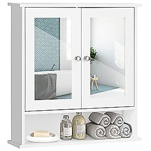 COSTWAY Bathroom Cabinet Wall Mounted - Over The Toilet Wall Storage Cabinet with 2 Mirror Doors and Adjustable Shelf, Hanging Medicine Cabinet for Bathroom, Living Room, Kitchen (White)