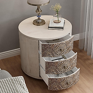 COSIEST 3 Drawer Chest of Drawers, 20 inch MDF Round Storage Cabinet, Retro Whitewash Finish Nightstand, Wood Bedside Table with Drawers for Bedroom Living Room,Light Gray