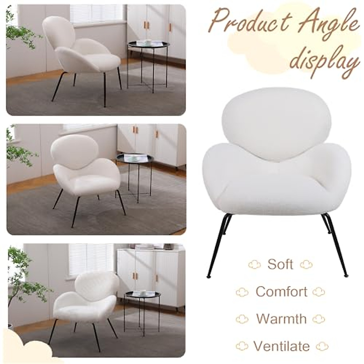 Aimerive Accent Chair, Living Room Teddy Chair Fabric, Modern Upholstered Sherpa Chair with Black Metal Legs, Accent Armchair with Backrest,Comfy Reading Chair for Bedroom,Relaxing,White