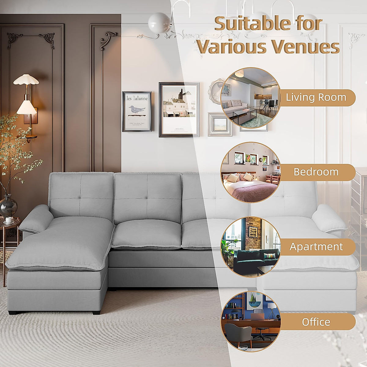 JAMFLY Sectional Couches for Living Room, U-Shaped Couch 4 Seat Sofas with Double Chaises, Modular Sectional Sofa Set for Apartment Furniture for Apartment, Light Grey