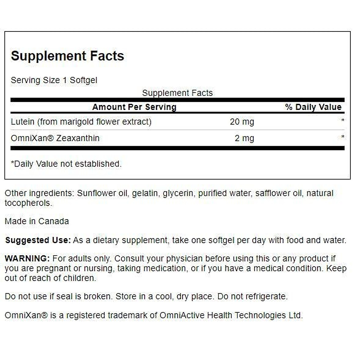 Swanson Lutein & Zeaxanthin Synergistic Eye Health Vision Retina Macula Supplement (Lutein 20 mg & OmniXan Zeaxanthin 2 mg) 60 Softgels Sgels