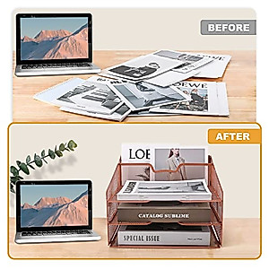 Meshist Rose Gold Desk Accessories Organizer, Desktop File Organzier with 3 Letter Trays and 1 Upright Section, Paper Organizer for Home and Office