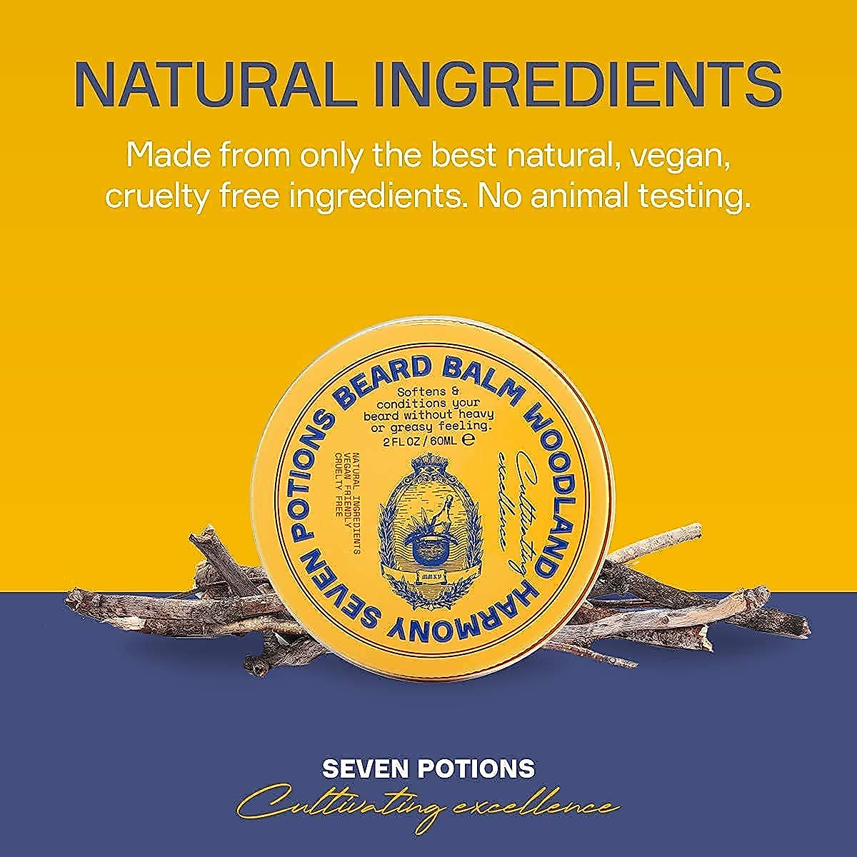 Seven Potions Beard Balm 2 oz. 100% Natural Softener with Jojoba Oil - Nourishes, Softens, Stops Itch, and Leaves Healthy Shiny Beard (Woodland Harmony)