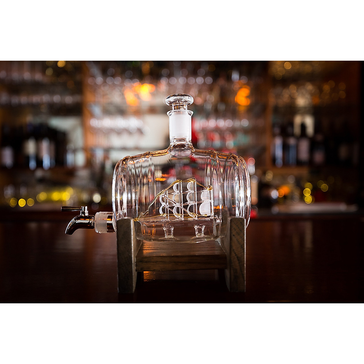 Bourbon Barrel Whiskey Decanter With Ship - 1000ml Liquor Dispenser - Sailing/Boating Gifts for Men and Women, Nautical Decor Retirement Gift (Tomoka Gold)