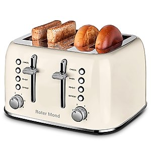 Toaster 4 Slice, Roter Mond Retro Stainless Steel Toaster with Extra Wide Slots Bagel, Defrost, Reheat Function, Dual Independent Control Panel, Removable Crumb Tray, 6 Browning Levels, Cream White