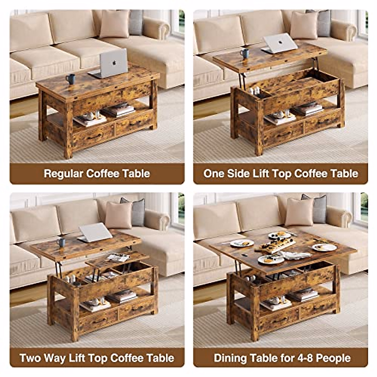 Rolanstar Coffee Table Lift Top, Multi-Function Convertible Coffee Table with Drawers and Hidden Compartment, Coffee Table Converts to Dining Table for Living Room, Home Office, Rustic Brown
