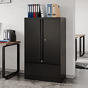 Anxxsu Lateral File Cabinet with Lock, Metal Storage Cabinet with Drawers, 52" Filing Cabinets for Home Office, Lockable Steel File Cabinet for Letter/Legal/A4 Size, Assembly Required, Black