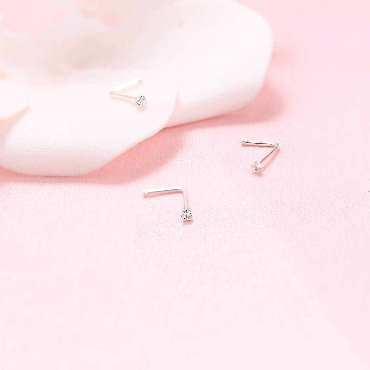 Sllaiss 10Pcs 22G Sterling Silver Small L Shape Nose Ring Studs for Women Mens Czech Crystal Curved Nose Piercings Set Body Jewelry Hypoallergenic 1.5mm