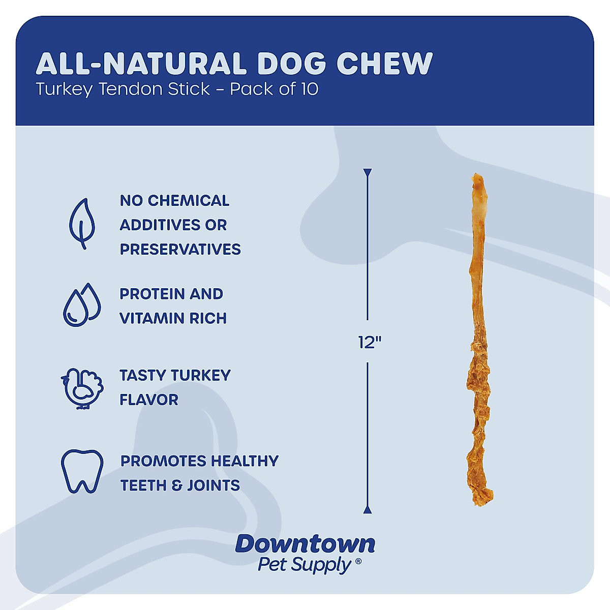 Downtown Pet Supply 12" Turkey Tendons for Dogs Made in USA, 10 Pack - Rawhide Free Dog Chews Long Lasting and Non-Splintering - Single Ingredient, Nutrient-Rich Tendon Chews for Dogs