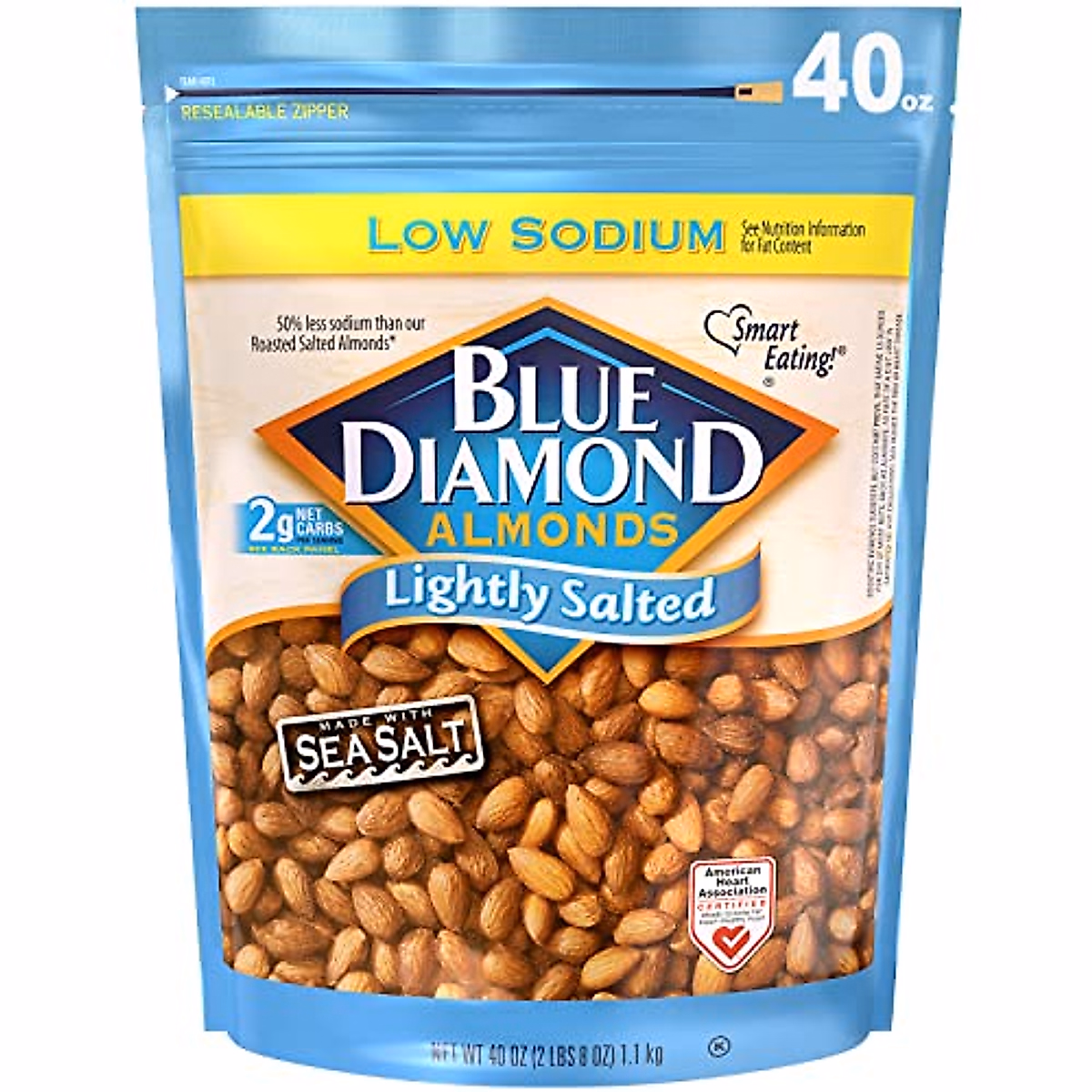 Blue Diamond Almonds Low Sodium Lightly Salted Snack Nuts, 40 Oz Resealable Bag (Pack of 1)
