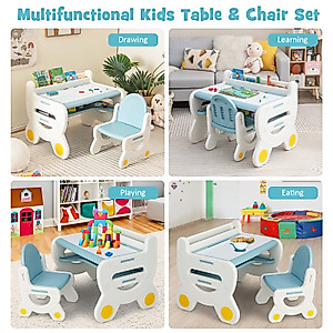 Costzon Kids Table and Chair Set, Plastic Activity Table with Watercolor Pens, Blackboard Eraser & Storage Shelf for Drawing, Reading, Playing, Eating, Toddler Table and Chair (Blue)