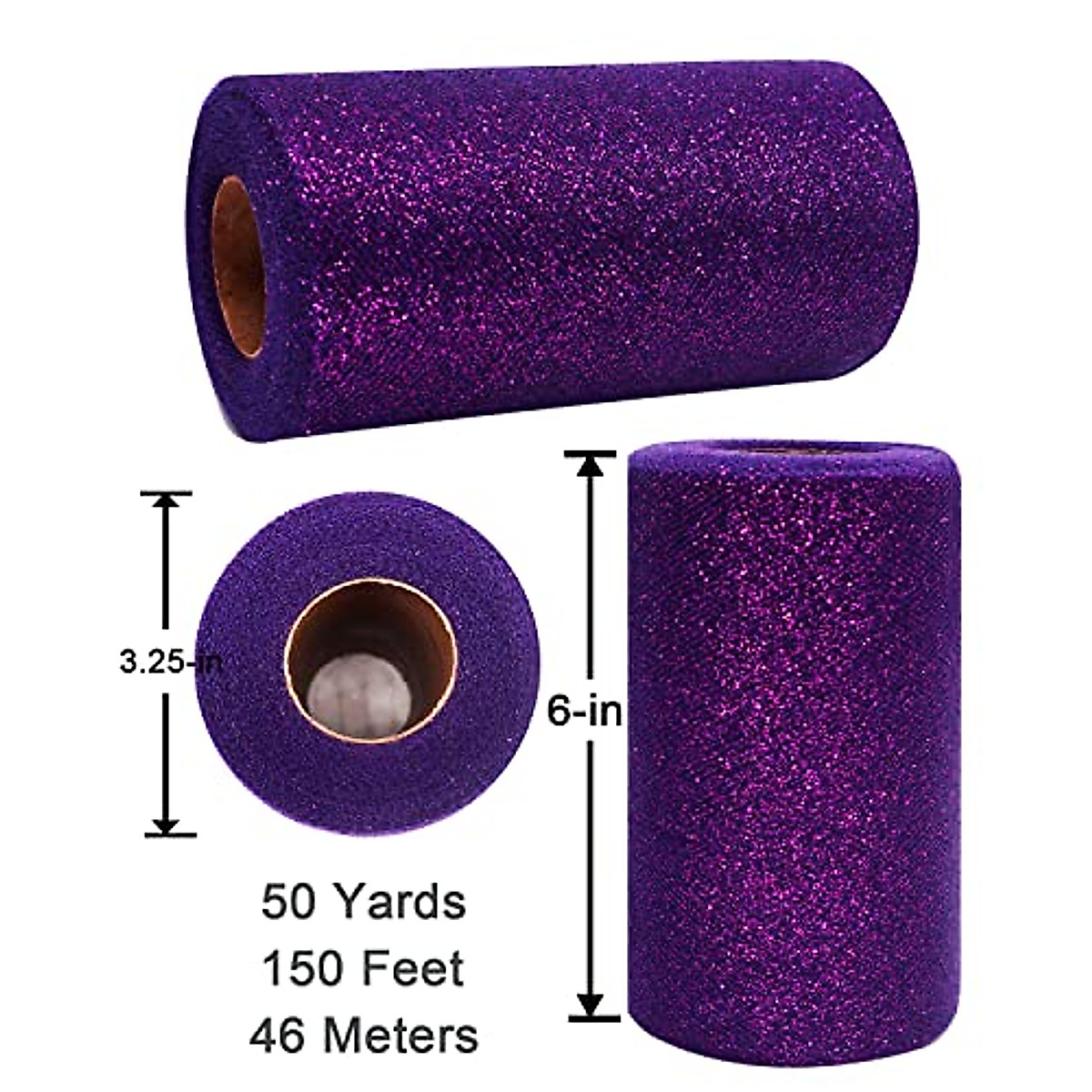 Glitter Tulle Fabric Rolls, 6 Inch 50 Yards (150ft) Sparkling Spool Ribbon Sequin Netting for Tutu Skirt Gift Wrapping Wedding Party Decoration (Purple)
