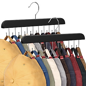 RESOVO 2 Pack Hat Hanger for Baseball Caps, Space Saving Hat Organizer w/ 10 Stainless Steel Hooks, Wooden Hats Rack Holder - Closet Storage Solution, No Mark Left Behind Black