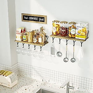 Alsonerbay Coffee Bar Shelf Wall Mount, Rustic Floating Shelves for Wall with Wooden Bar Sign, 16 Inch Wall Shelves with 10 Mug Hooks for Coffee Station, Dining Room, Living Room and Kitchen