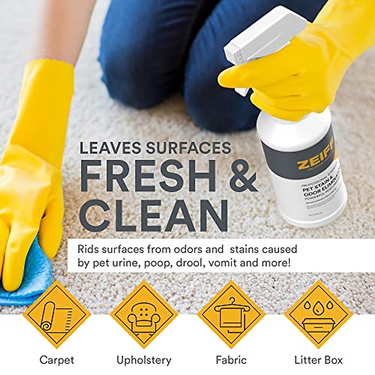 Zeiff Pet Stain and Odor Remover - Pet Odor Eliminator for Home and Professional Use - Pet Urine Enzyme Cleaner to Break Up Tough Stains - Carpet Stain Remover for Dog Urine and Cat Pee, Feces, Fluids