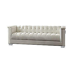 Coaster Furniture Chaviano Collection 87 inch Sofa with Padded Breathable Leatherette Upholstery Chrome Legs and Button Tufting In Pearl 505391