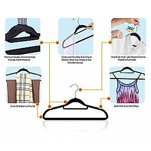 GVTECH Premium Velvet Hangers, [50 Pack] Non Slip and Heavy Duty Velvet Suit Hangers (45cm) with Tie Bar, 360° Swivel Hooks, Sturdy to Hold Jumper, Pullovers, Jackets & Hoodies (50 Pack, Black)