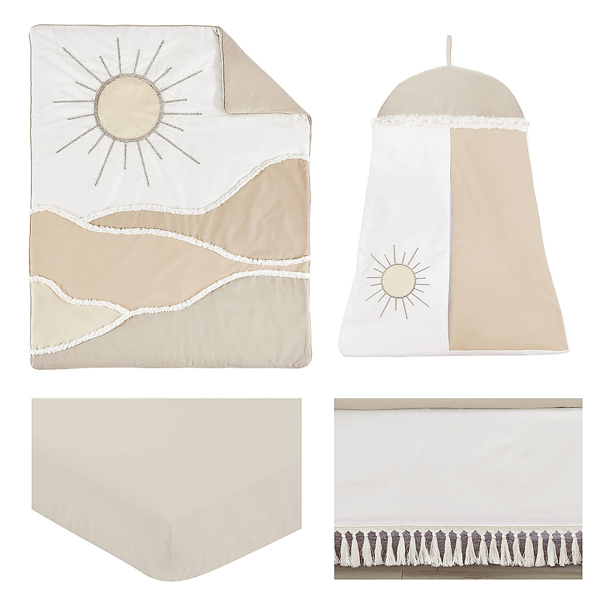 Sweet Jojo Designs Boho Desert Sun Taupe Nursery Baby Boy or Girl 4pc Crib Bedding Set Neutral Tan Beige Ivory Gold Cream Off White Bohemian Mountain Nature Outdoors Geometric Minimalist Sunshine