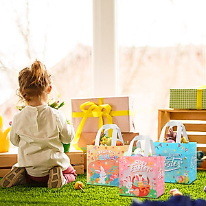 CCINEE 12Pcs Easter Gift Bags with Handle，Reusable Easter Tote Bags Non-Woven Bunny Treat Goodie Bag Easter Egg Hunt Bags for Easter Party Supply，7.9"×7.9"×5.9"
