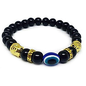 Frienemy Presents Black Tourmaline Stone Bracelet with Evil Eye and Golden Buddha Head 8 Mm Beads Reiki Crystal Charm Bracelet for Men and Women #Frienemy-159