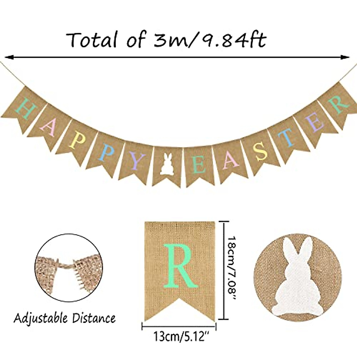 Doumeny Happy Easter Burlap Banner Easter Bunny Rabbit Bunting Garland Colorful Happy Easter Banner Bunting with White Rabbit Spring Easter Party Banner for Mantle Fireplace Wall Door Party Supplies