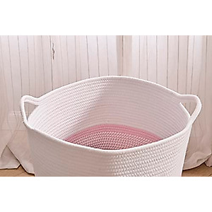 Pink Cotton Rope Laundry Basket with Handles Woven Portable Basket Cute Pink Nursery Blanket Storage Basket for Girl Clothes Hamper Home Decor Basket